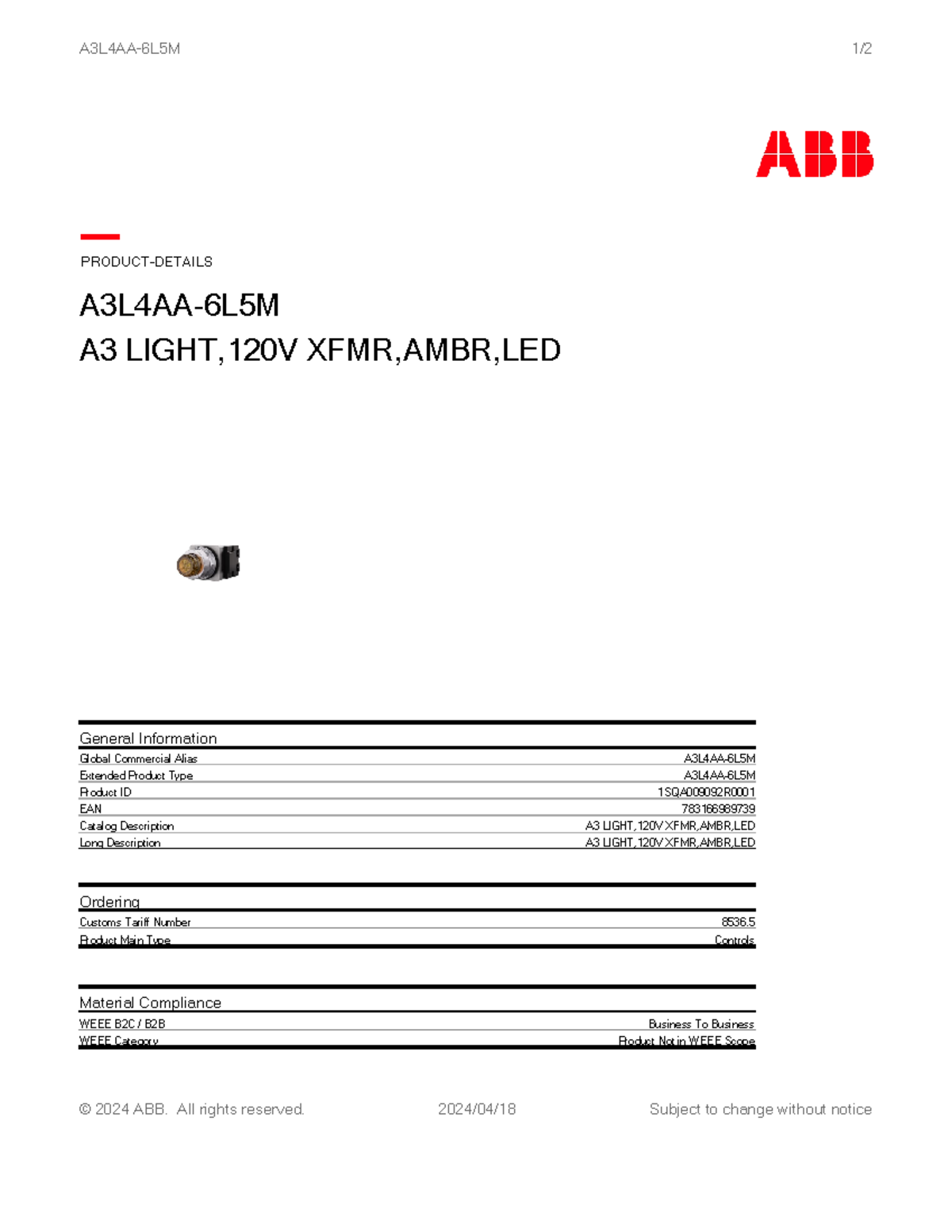 1SQA009092 R0001 - Lo logré - A3 LIGHT,120V XFMR,AMBR,LED A3L4AA-6L5M ...