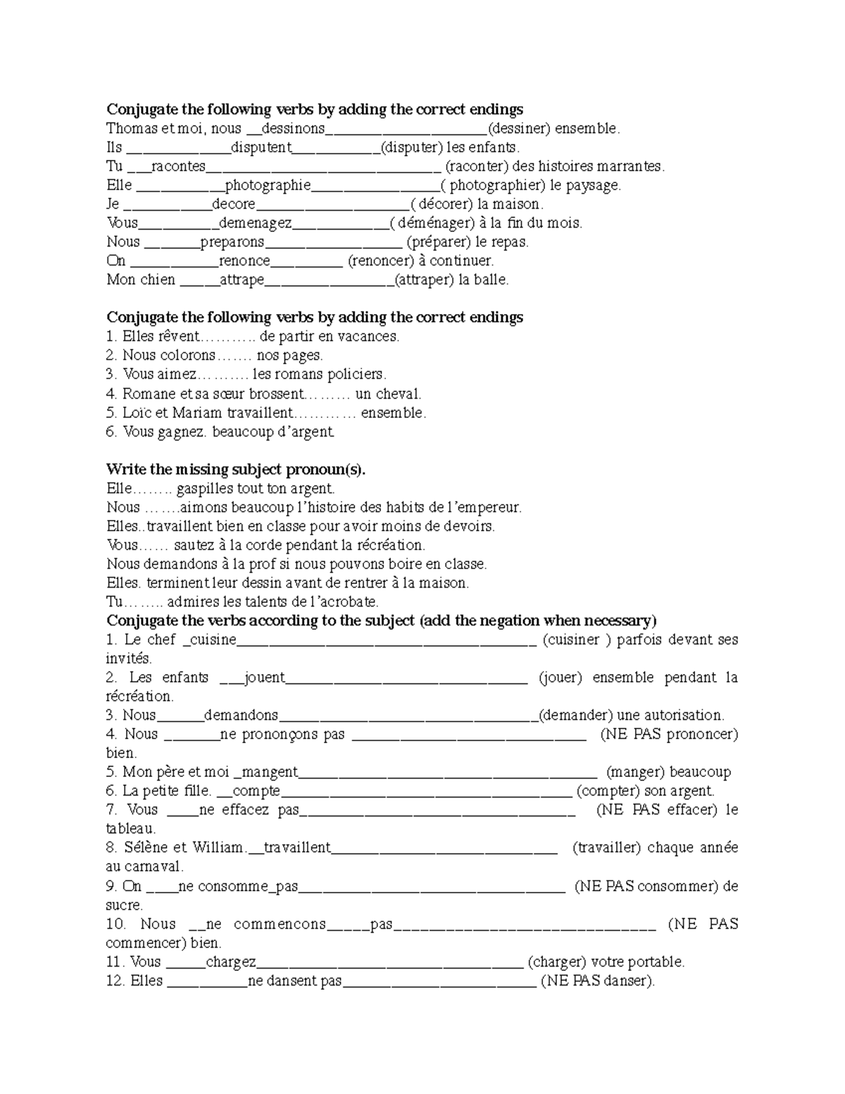 Verbs-er-homework-PART 2 - Conjugate the following verbs by adding the ...