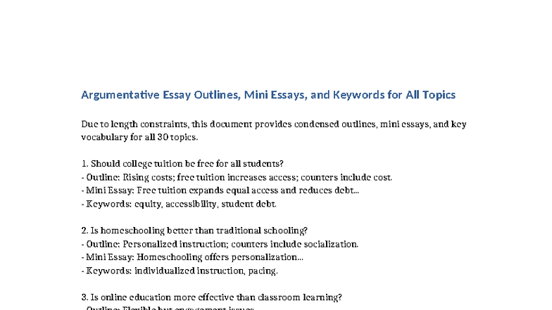 Argumentative Essay Outlines & Mini Essays for All Topics - Studocu