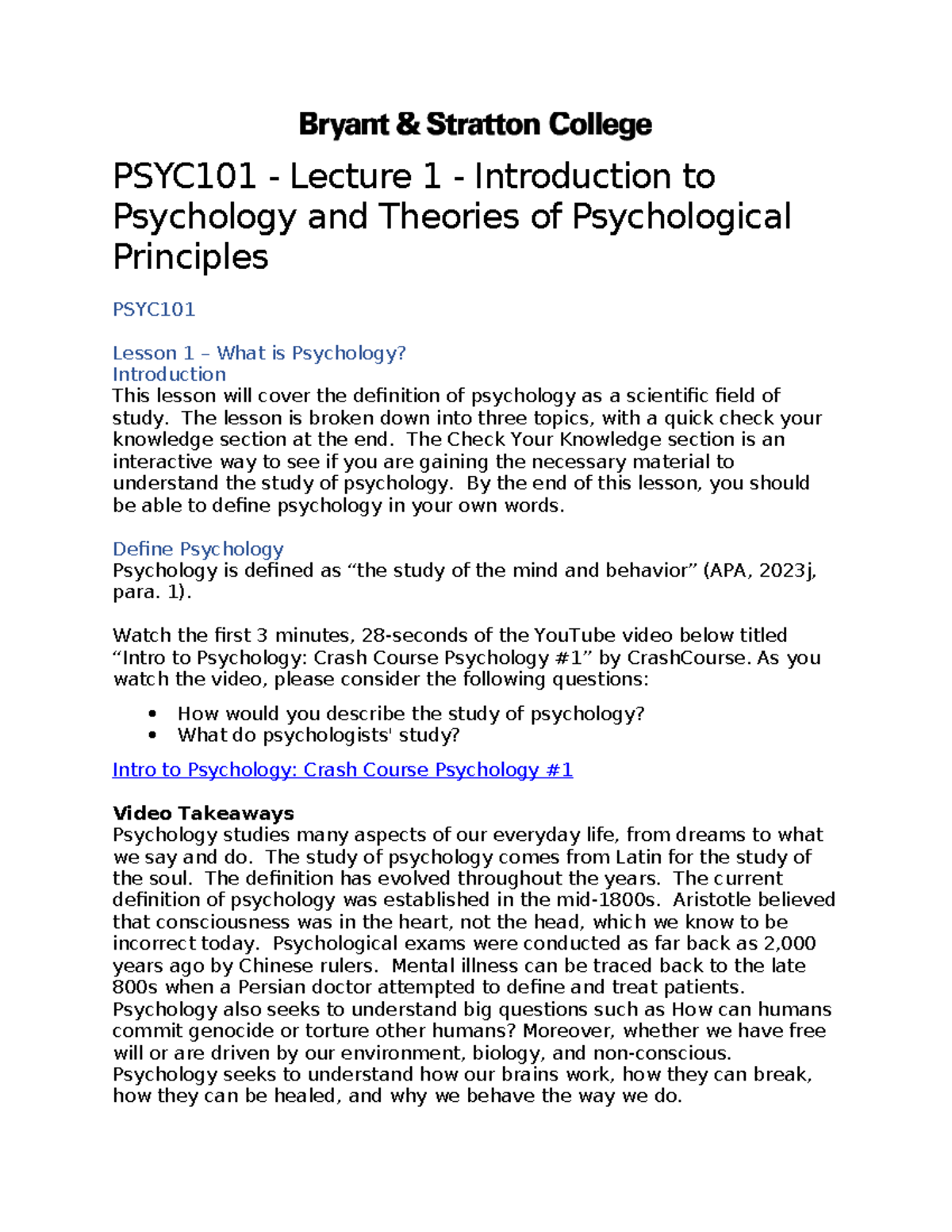 PSYC101 Lecture 1: Intro to Psychology & Key Theoretical Principles ...