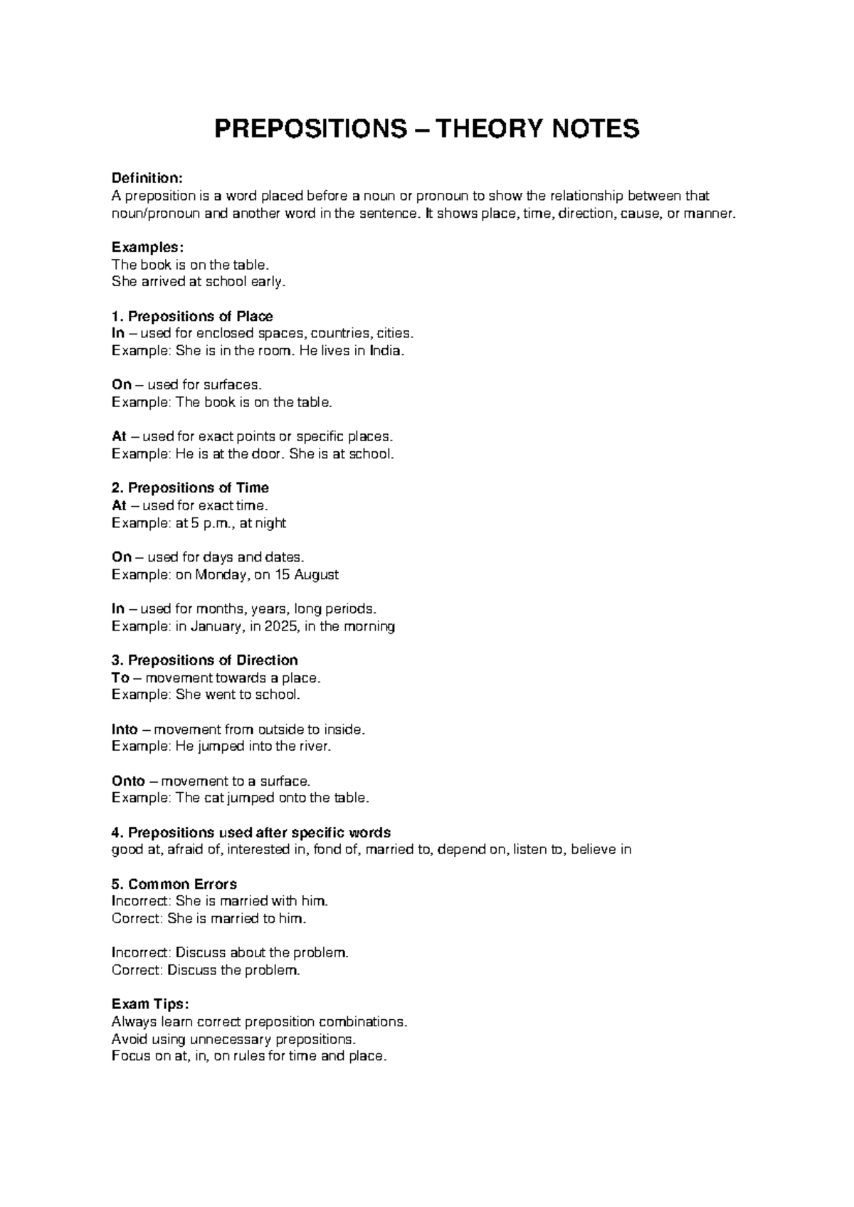 ENG101: Prepositions Theory Notes and Usage Guidelines - Studocu