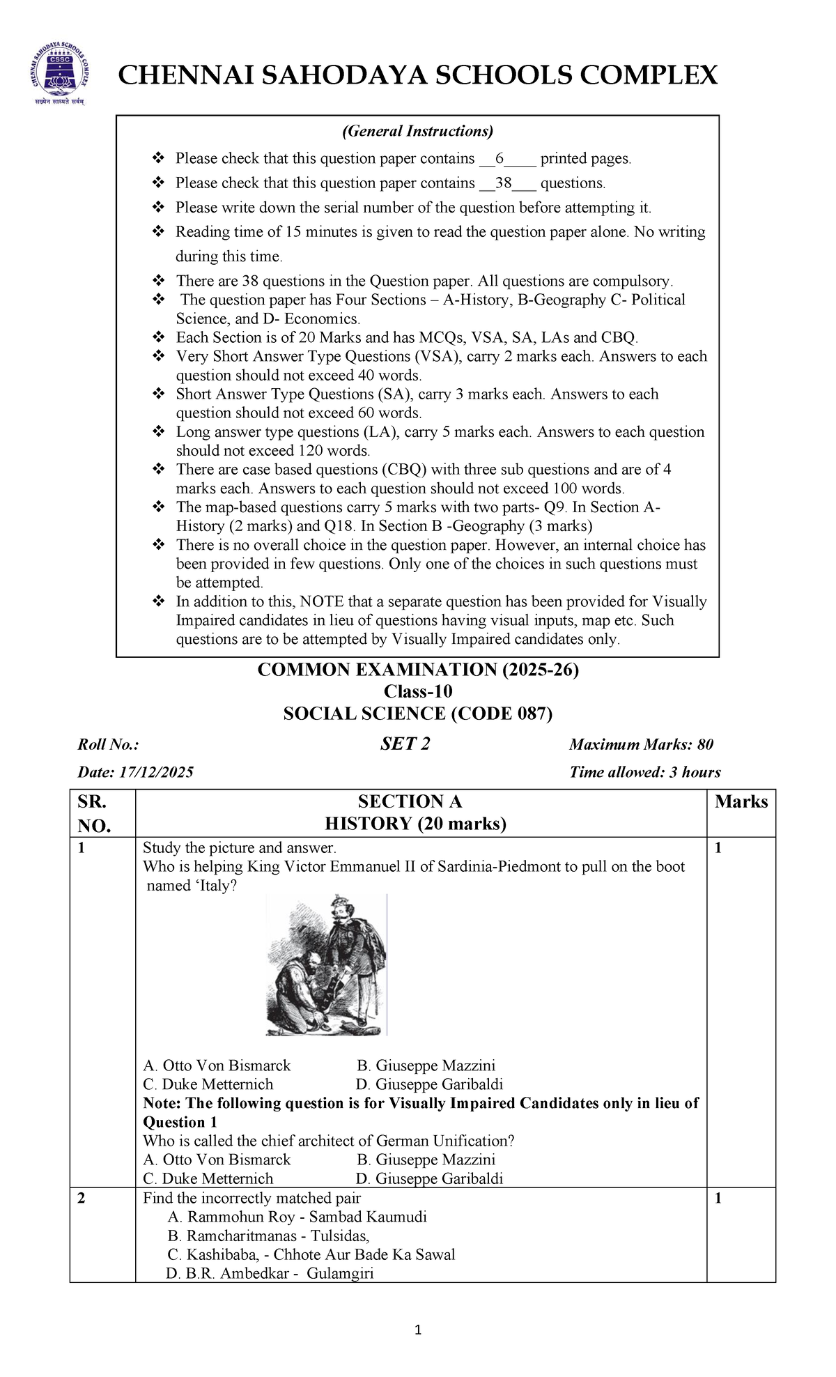 Chennai Sahodaya Class 10 Social Science Exam Paper (Code 087) 2025-26 ...