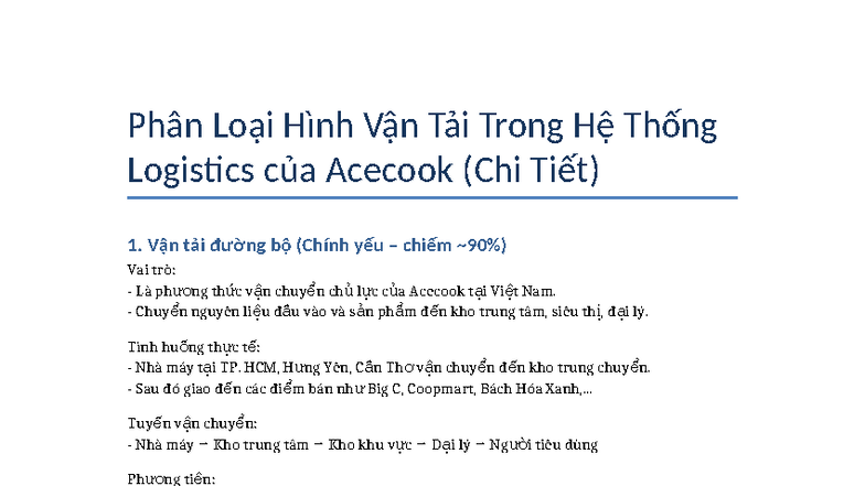 Chi Tiết Phân Loại Hình Vận Tải Trong Logistics của Acecook - Studocu