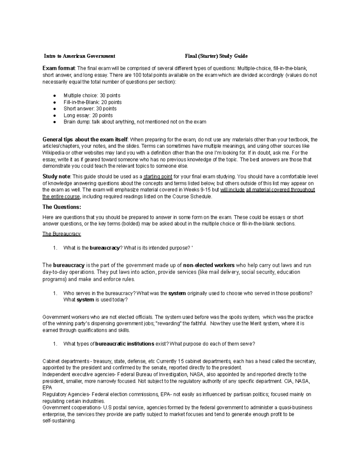 Introduction to American Government Final Exam Study Guide - Intro to ...