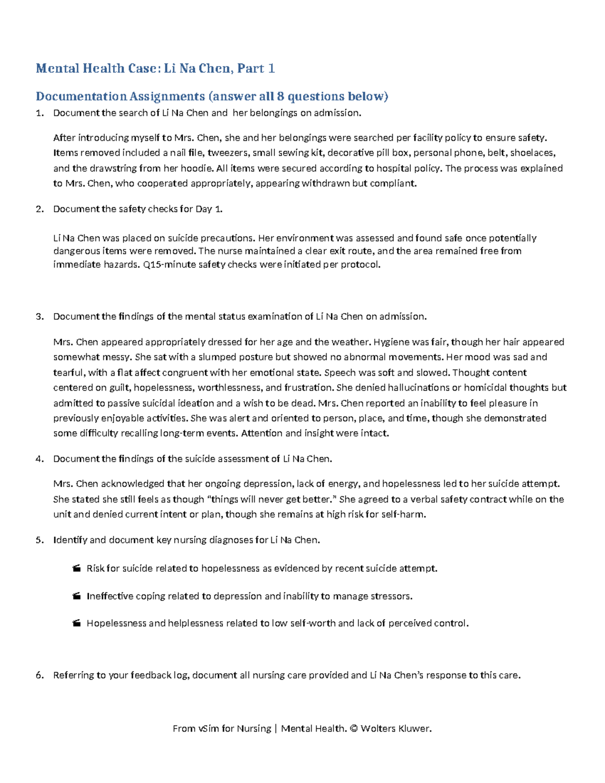 Li Na Chen Mental Health Case Study: Documentation & Reflections - Studocu