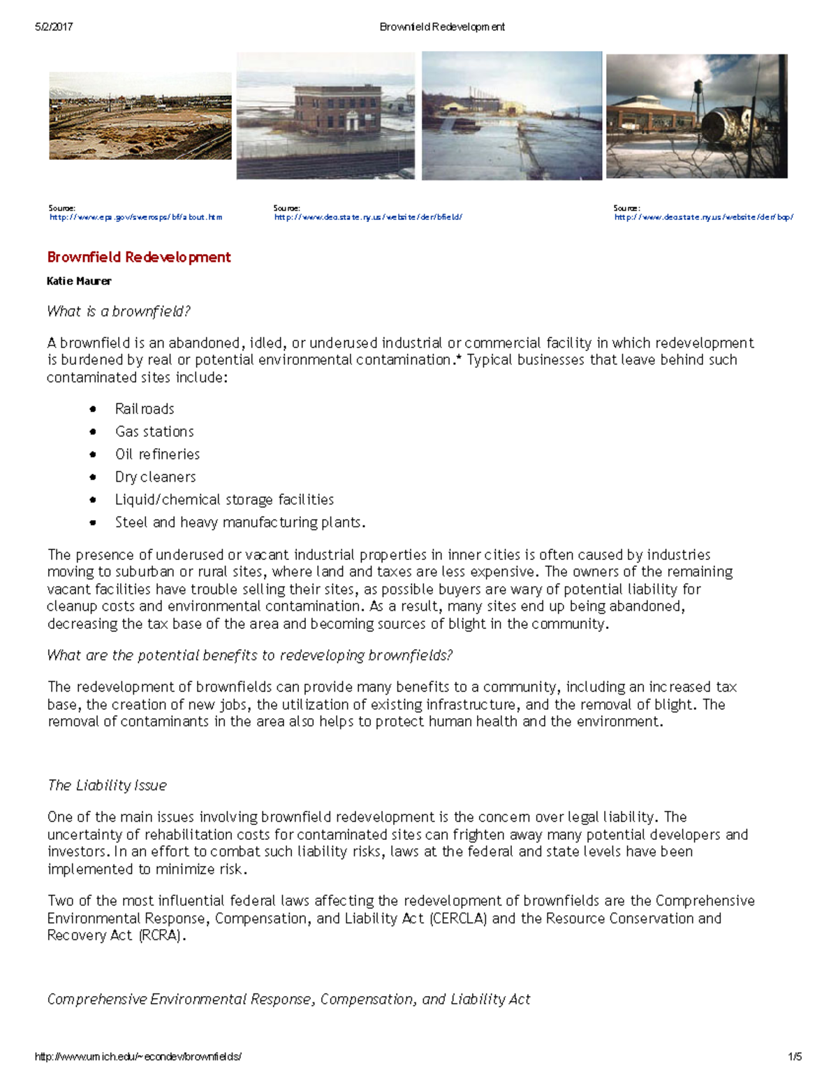 Brownfield Redevelopment Overview and Legal Framework - Studocu