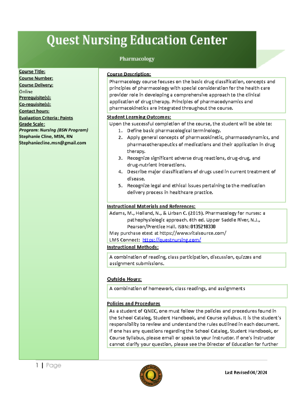 Syllabus Template- Pharmacology - Course Description: Pharmacology ...
