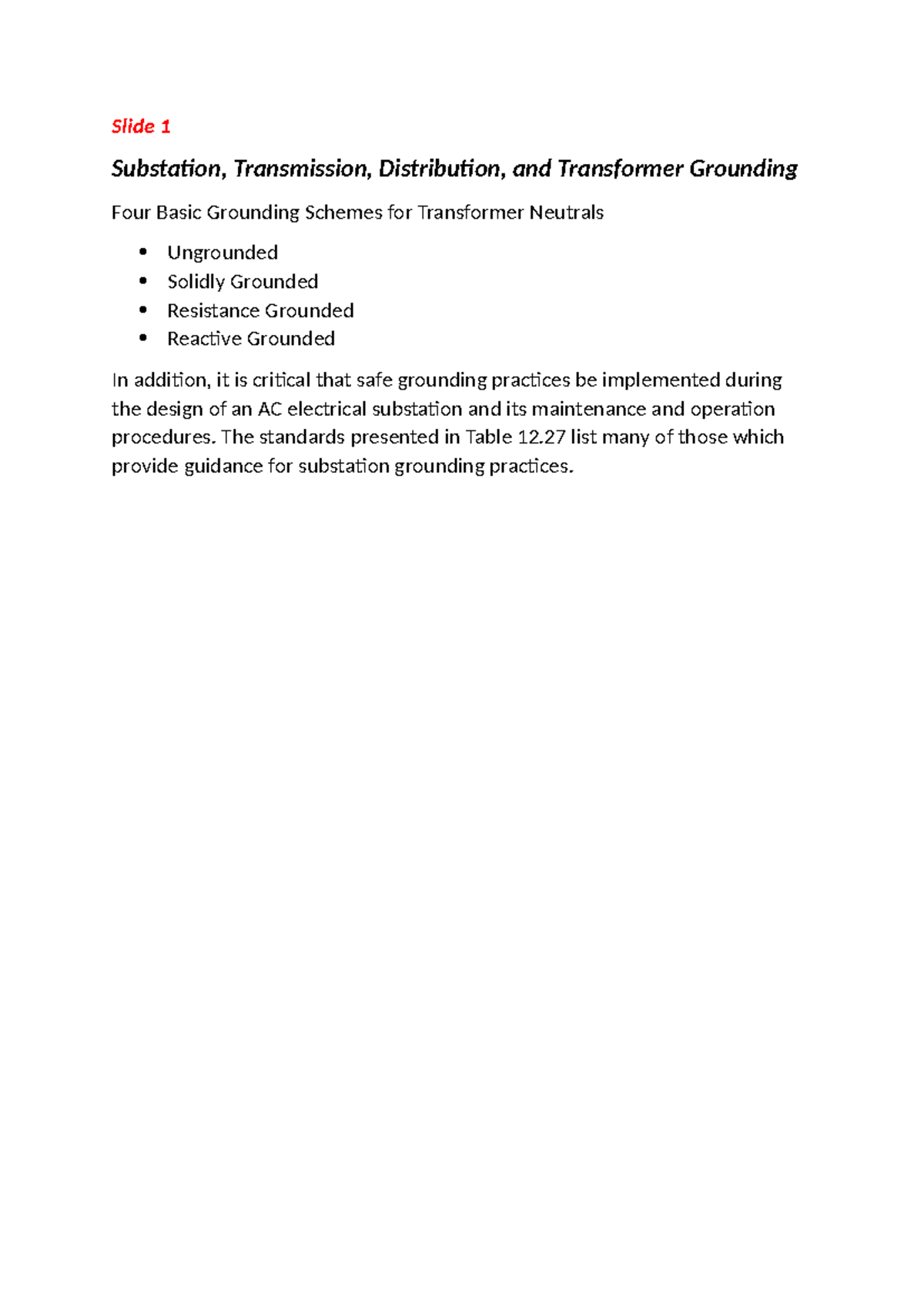 Grounding - Power System - Slide 1 Substation, Transmission, Distribution, and Transformer ...