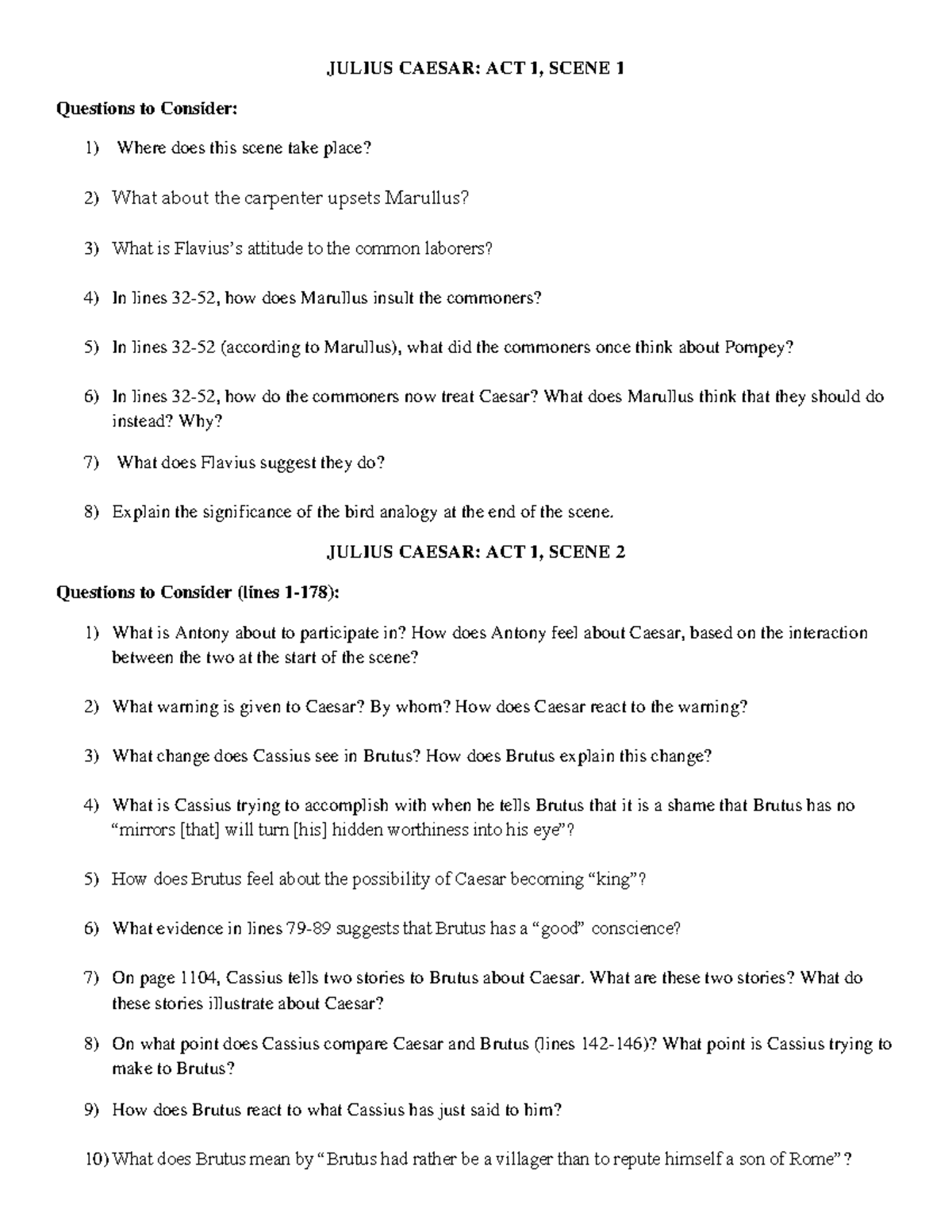 Julius Caesar Act 1 Analysis Questions and Discussion - Studocu