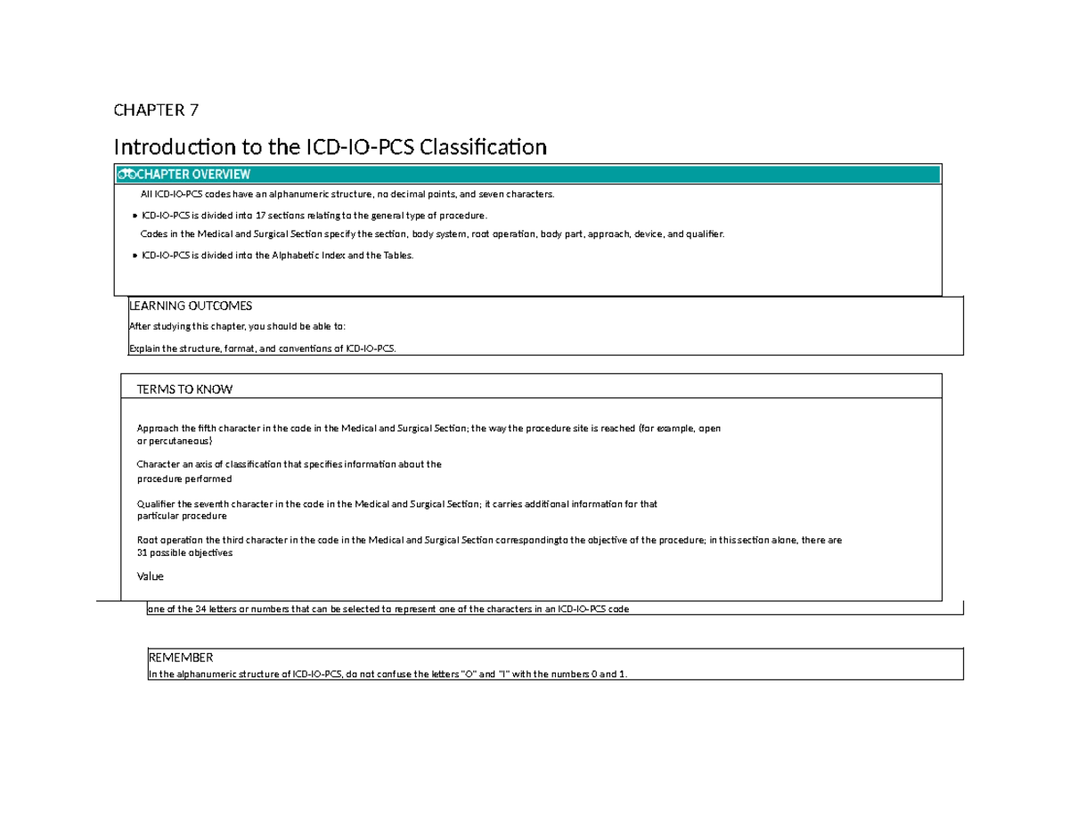 HIT 232 Chapter 7 Overview of the ICD-10-PCS Classification System ...