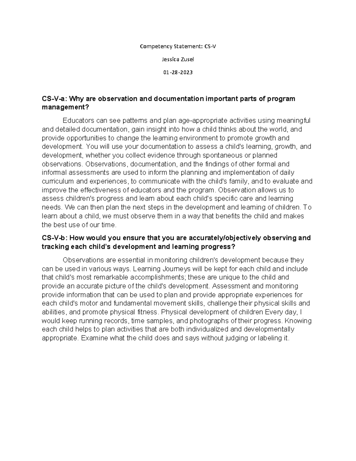 competency statement - Competency Statement: CS-V Jessica Zusel 01-28 ...