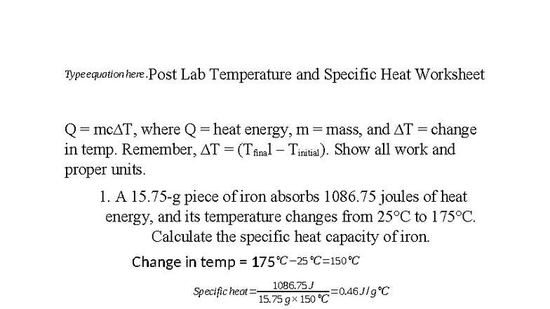 Post Lab Worksheet: Temperature & Specific Heat Calculations - Studocu