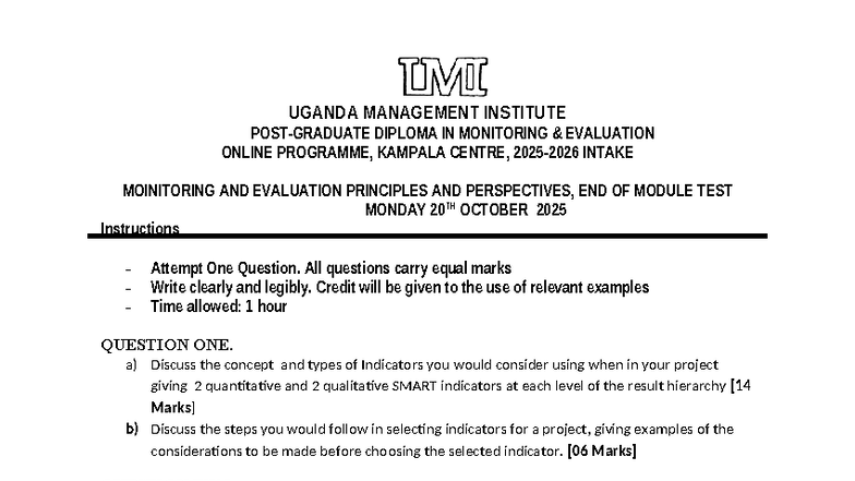 UGANDA MANAGEMENT INSTITUTE DME ONLINE 2025: END OF MODULE TEST - Studocu