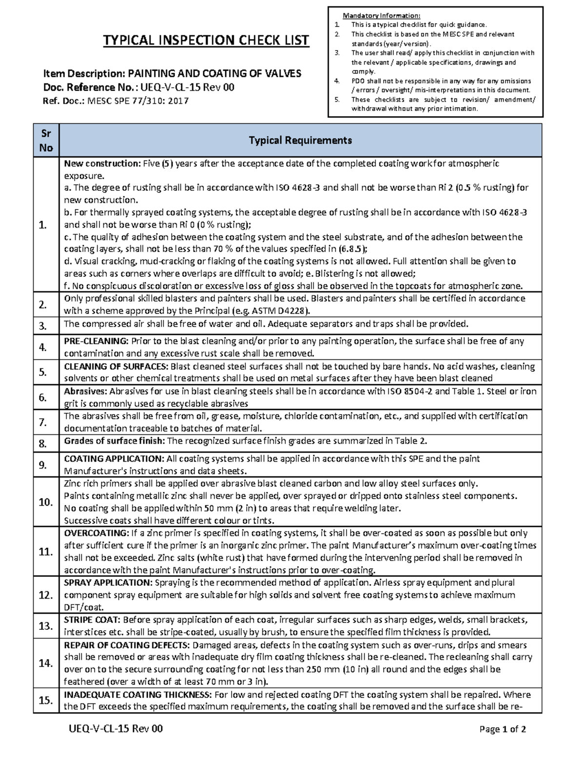 2018 SPE 77-130 Inspection Checklist for Valve Painting & Coating - Studocu