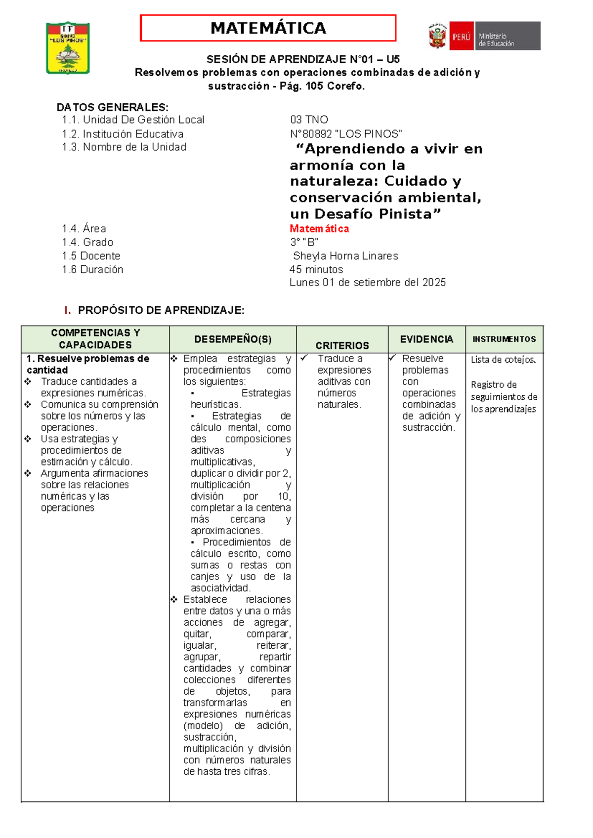 MATEMÁTICA SESIÓN DE APRENDIZAJE U5: Problemas con Adición y Sustracción - Studocu