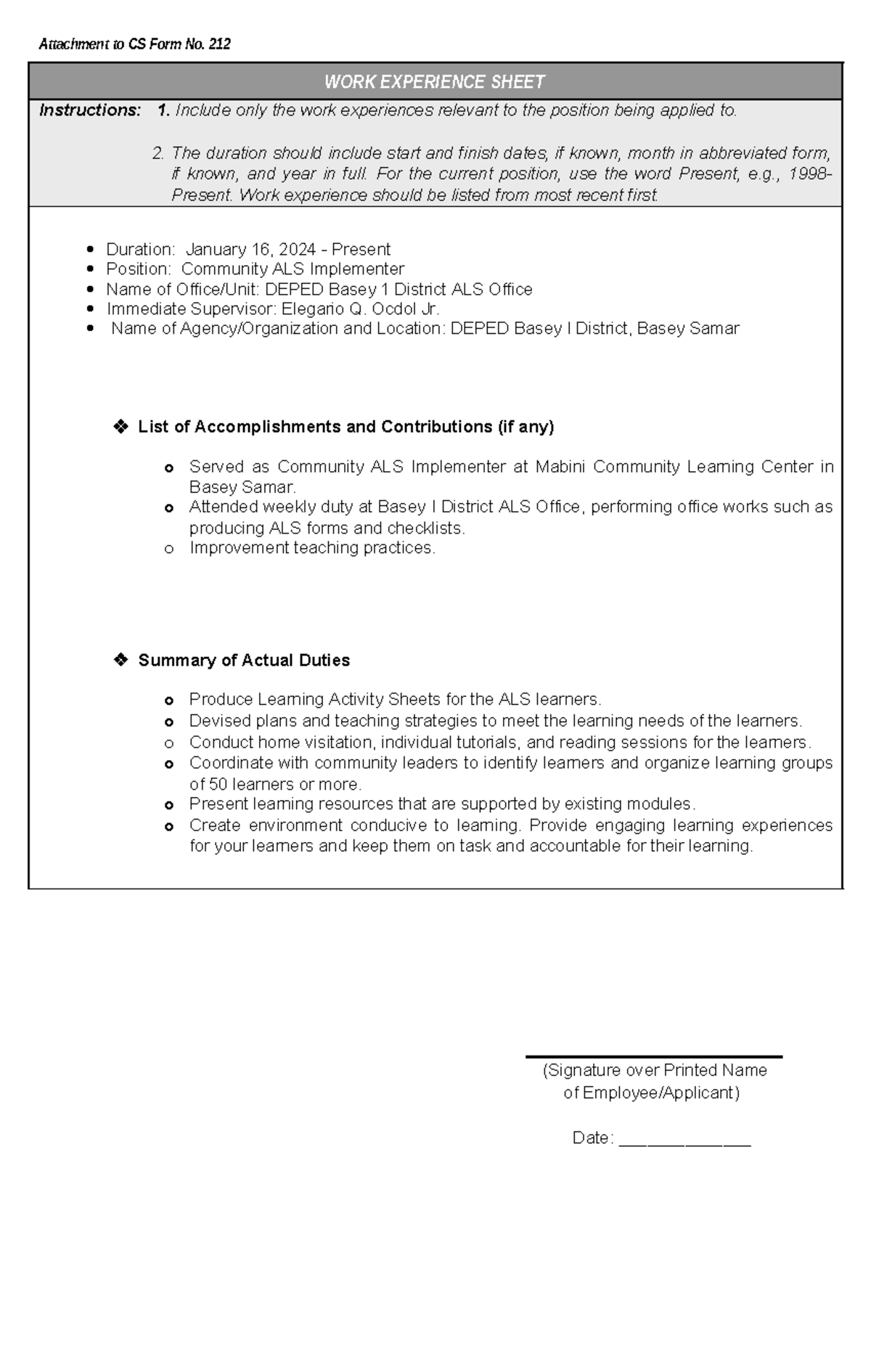 CS Form No. 212 Work Experience Sheet for Community ALS Implementer ...