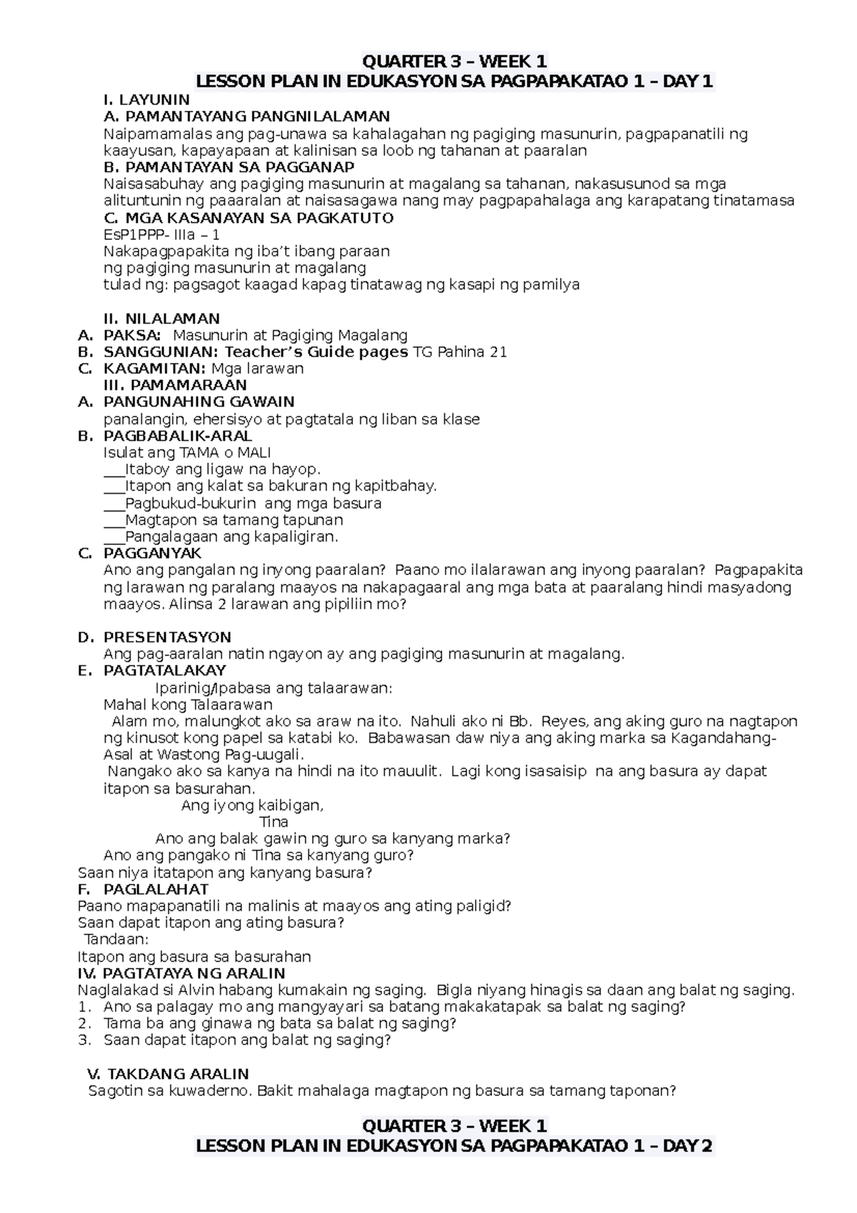 Lesson Plan in Edukasyon sa Pagpapakatao (EsP1PPP) – Week 2 - Studocu