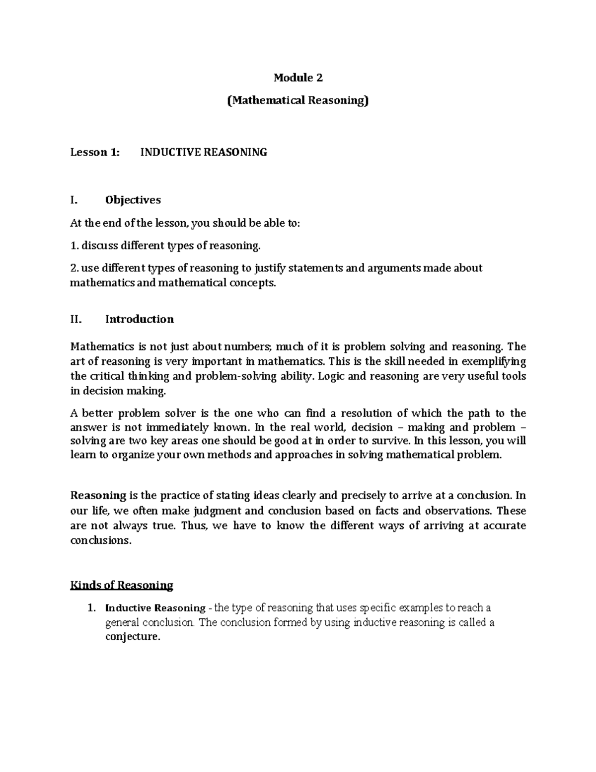 Module 2 Lesson 1: Understanding Inductive Reasoning in Math - Studocu