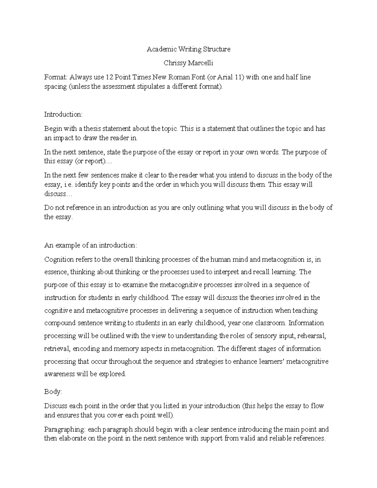 Academic structure - Academic Writing Structure Chrissy Marcelli Format ...