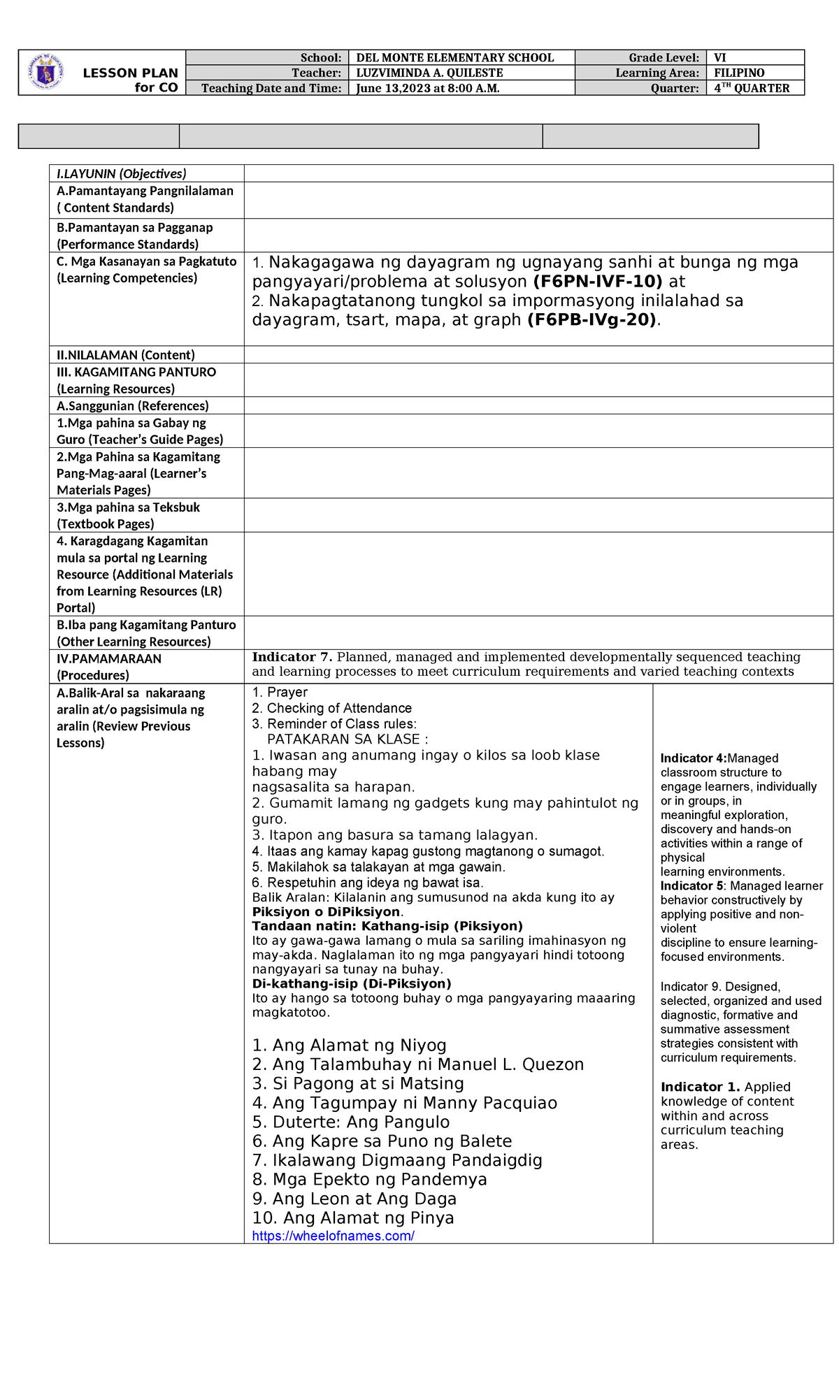 715098688-CO-Filipino-6-Lesson Plan for Q4-W6 - Studocu