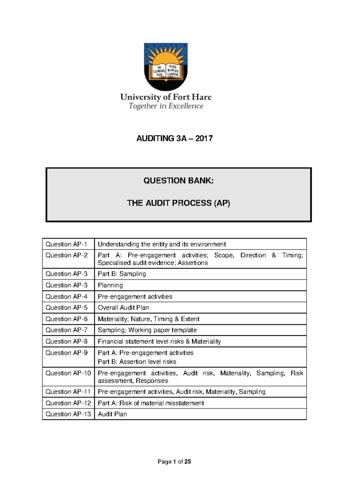 Audit Process - Questions 2017 - AUDITING 3A – 2017 QUESTION BANK: THE ...