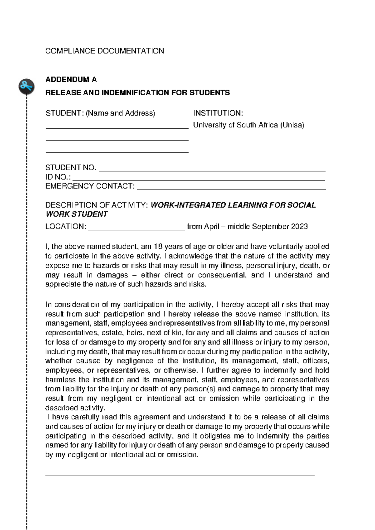 UNISA Compliance Documentation: Indemnity Form for Social Work Students ...