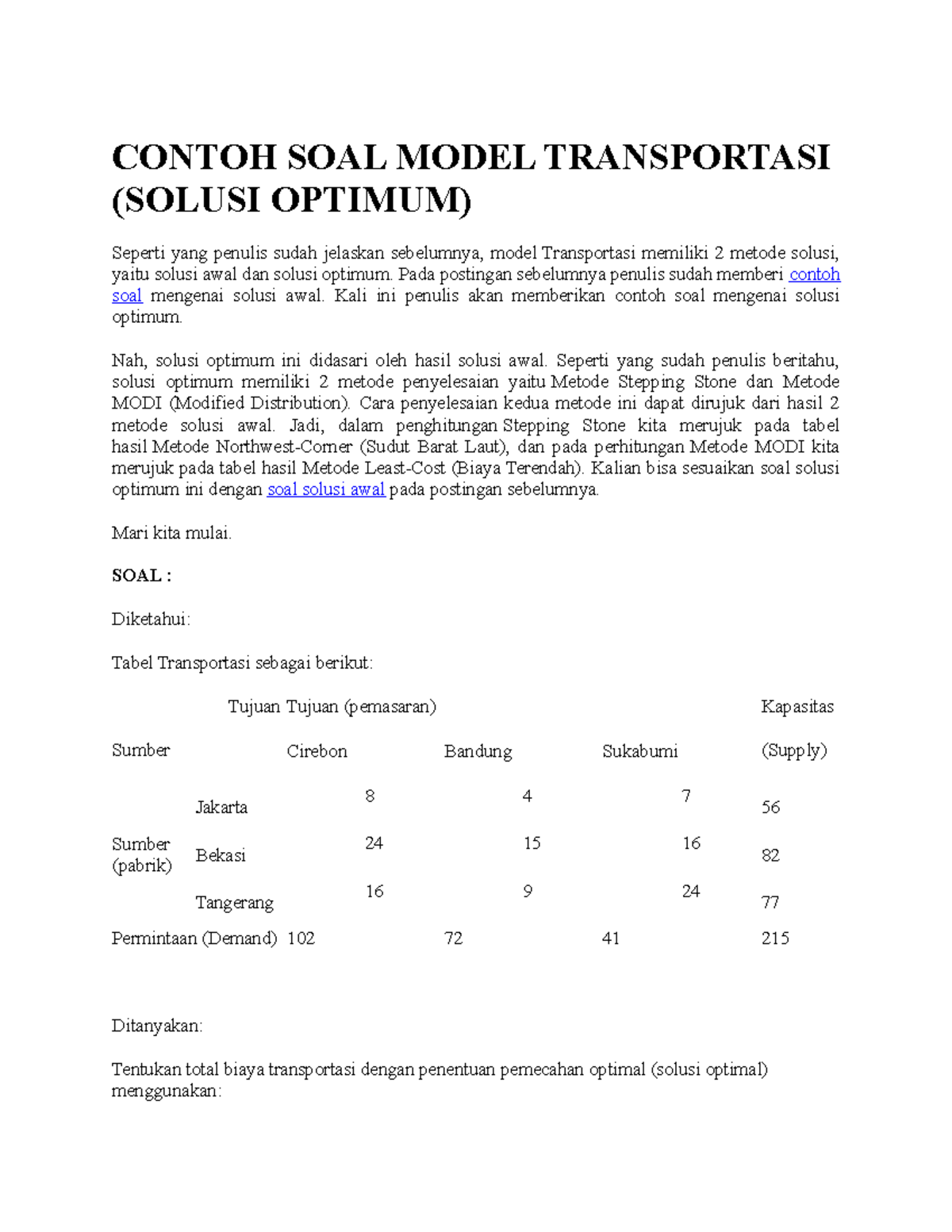 Contoh Soal Model Transportasi: Solusi Optimum dan Biaya Terendah - Studocu