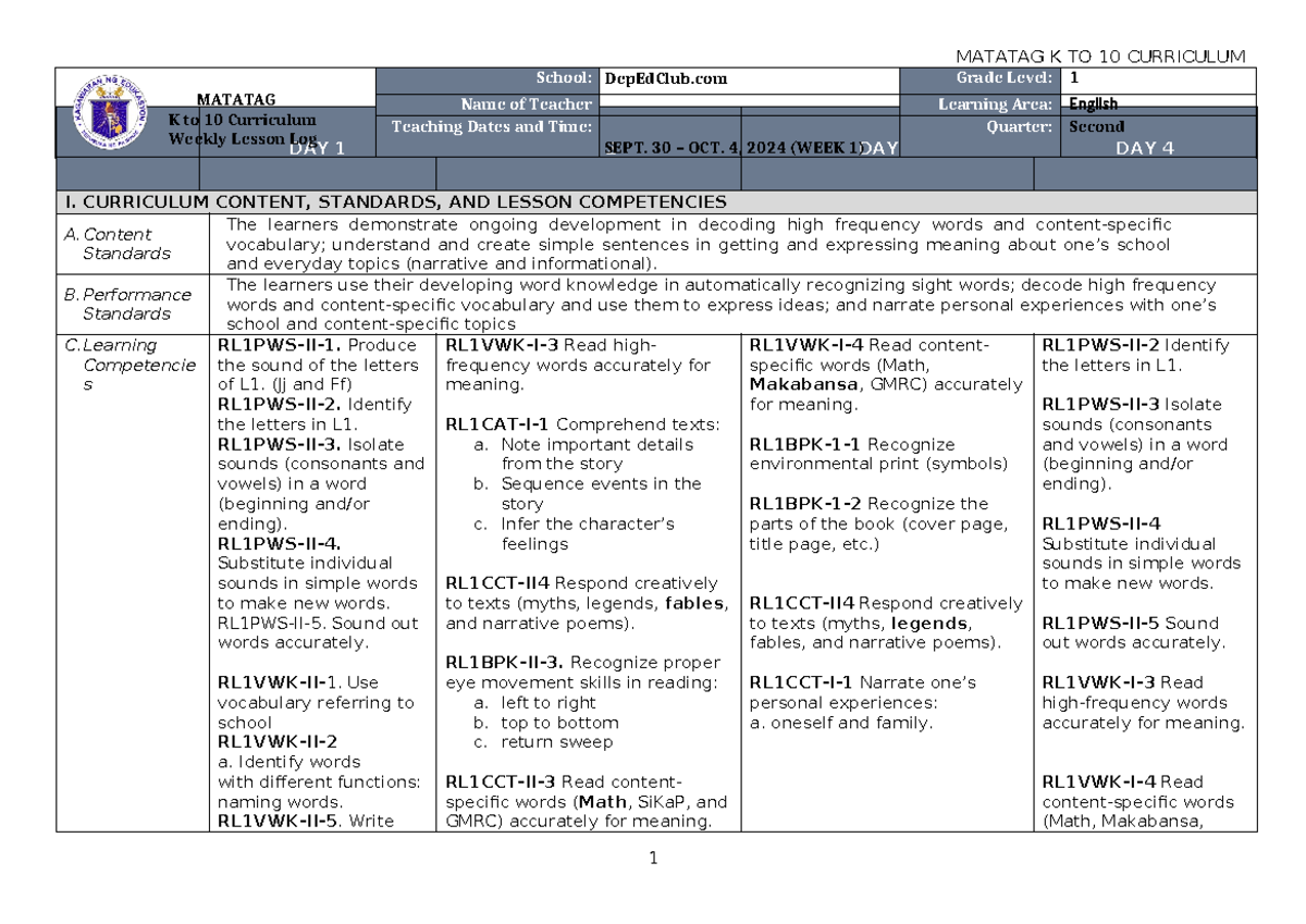 DLL Matatag Reading & Literacy 1 Q2 W1 Weekly Lesson Log - Studocu