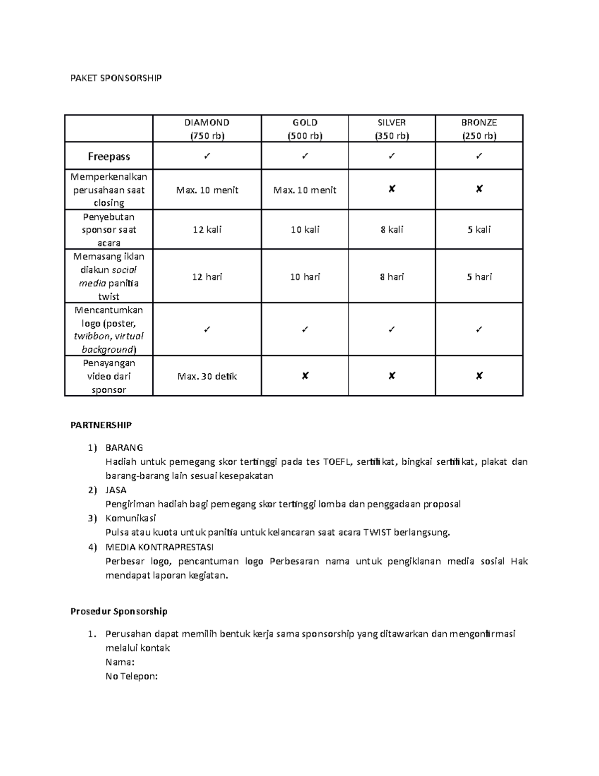 Paket Sponsorship: Detail dan Prosedur untuk Penyedia Sponsor - Studocu