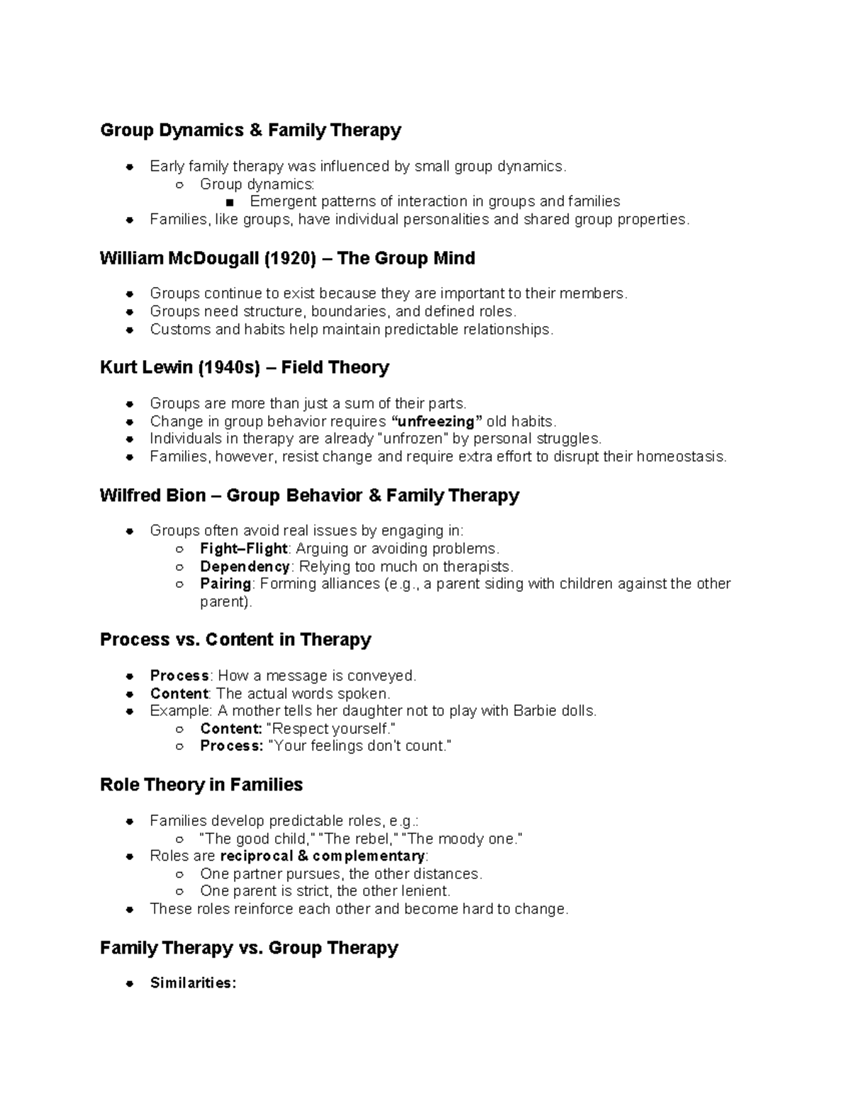 Family Psych Quiz 1 Notes: Exploring Group Dynamics in Therapy - Studocu