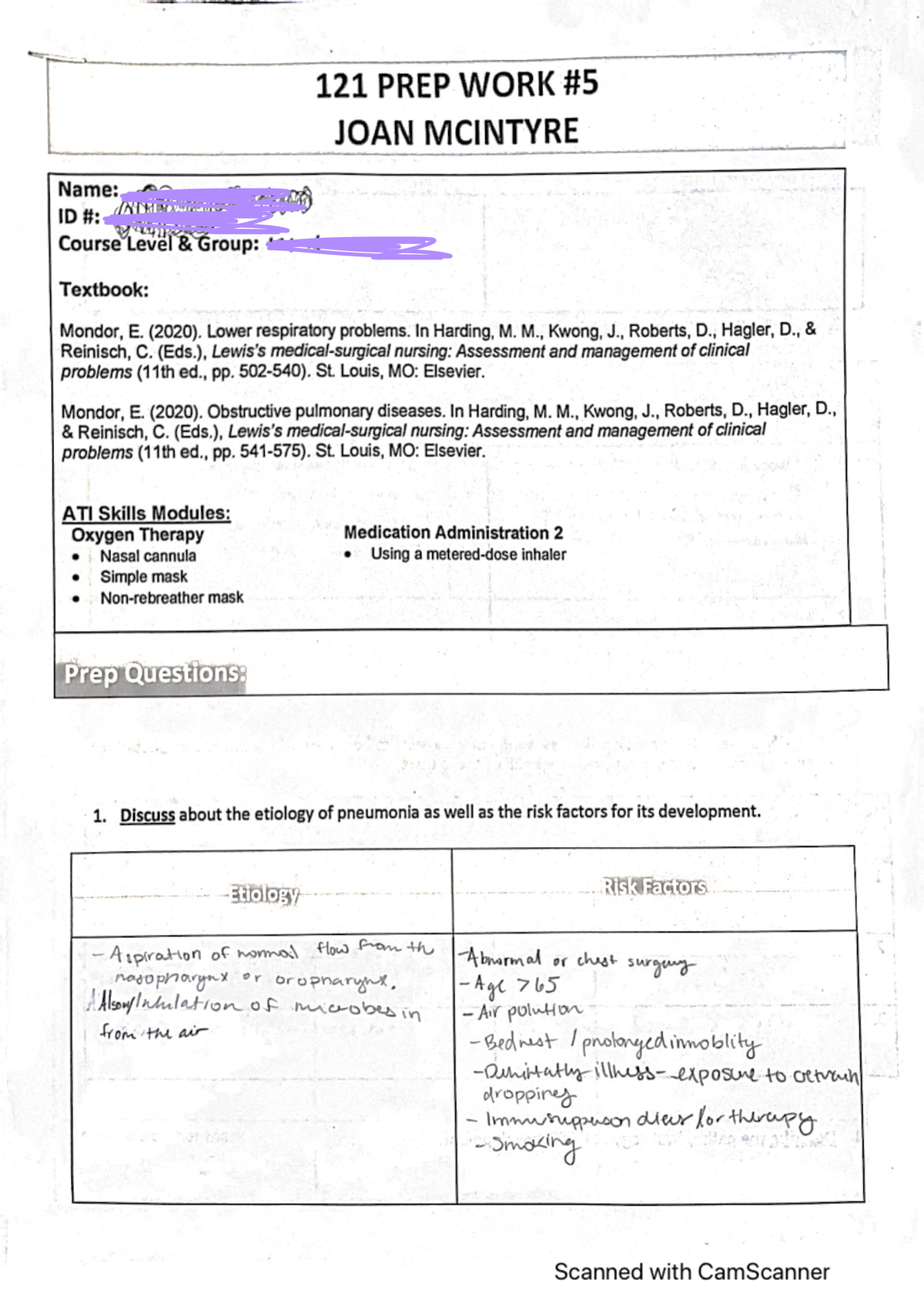 Nurs 121 joan mcintyre - nn on aa 121 PREP WORK JOAN MCINTYRE A l,m ...