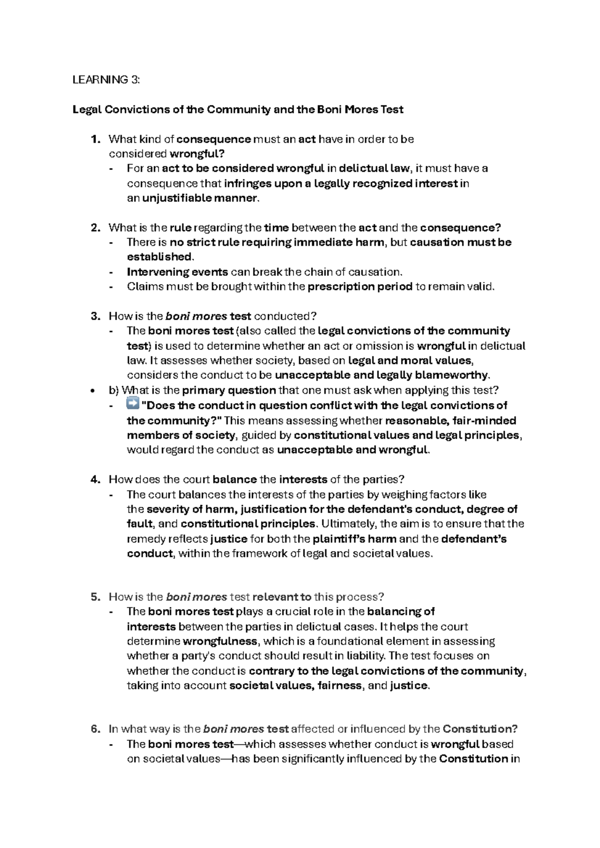 Learning 3: Legal Convictions & Boni Mores in Delict Law Notes - Studocu