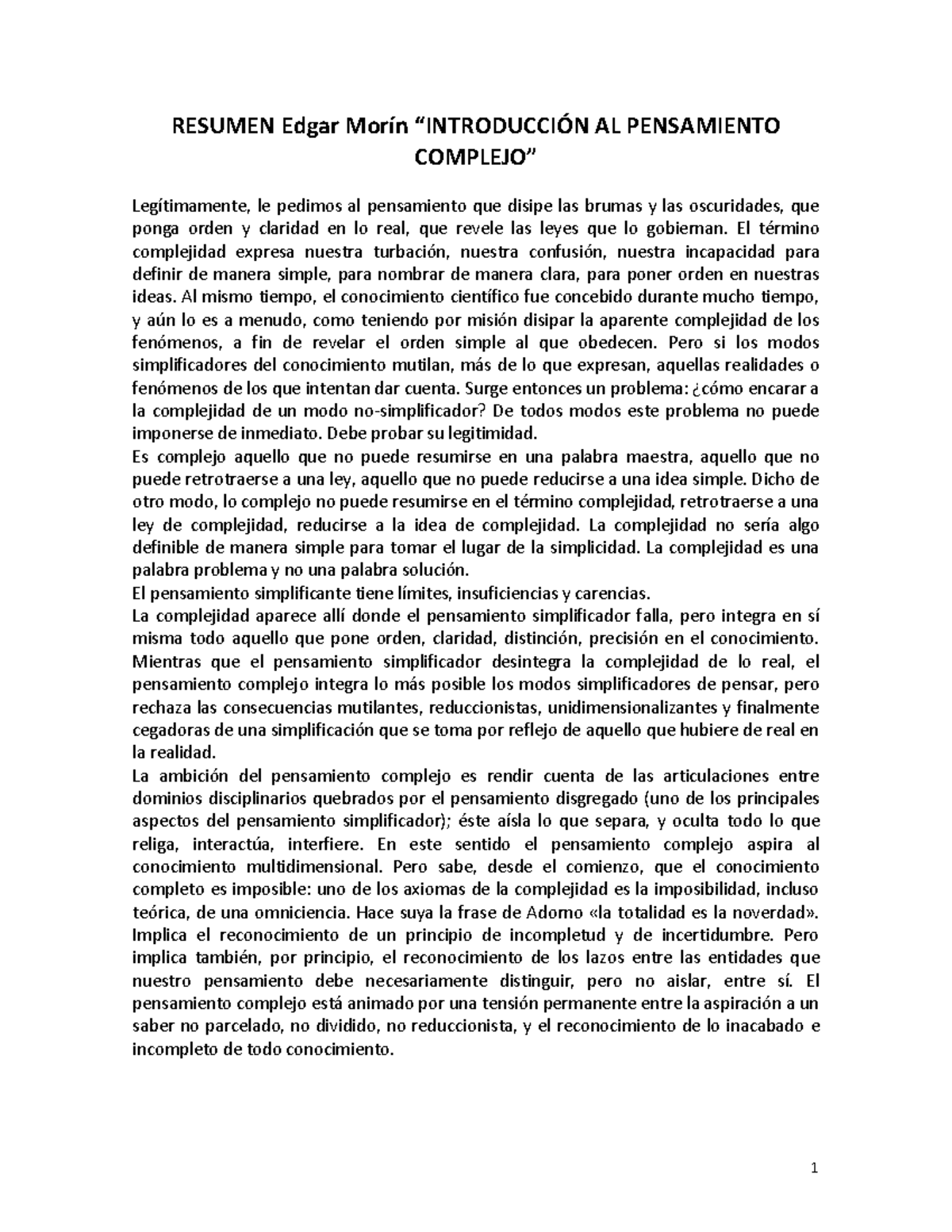Resumen sobre la Complejidad del Pensamiento Según Edgar Morín - Studocu