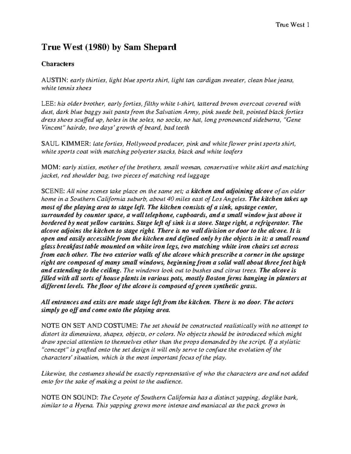 Sam Shepard-True West-full play text - True West (1980) by Sam Shepard ...