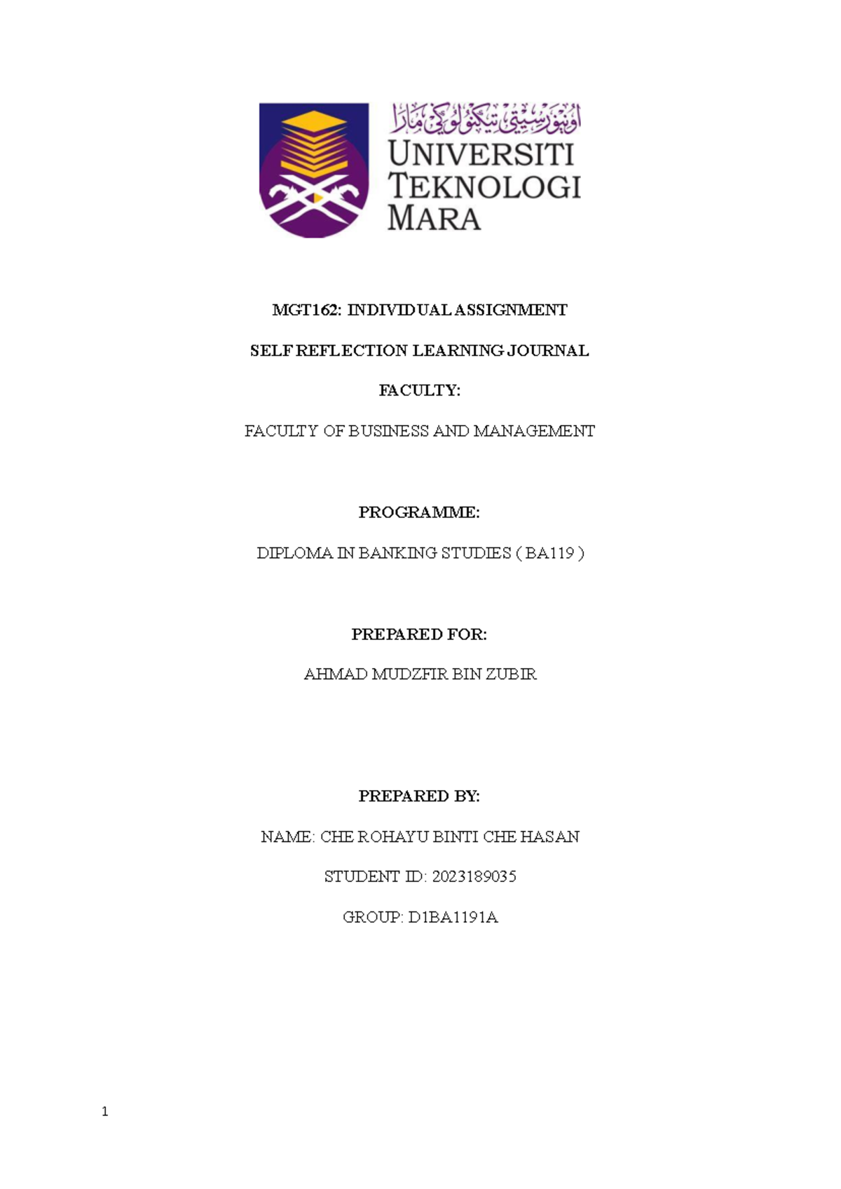 MGT162: Self Reflection Learning Journal - Individual Assignment - Studocu