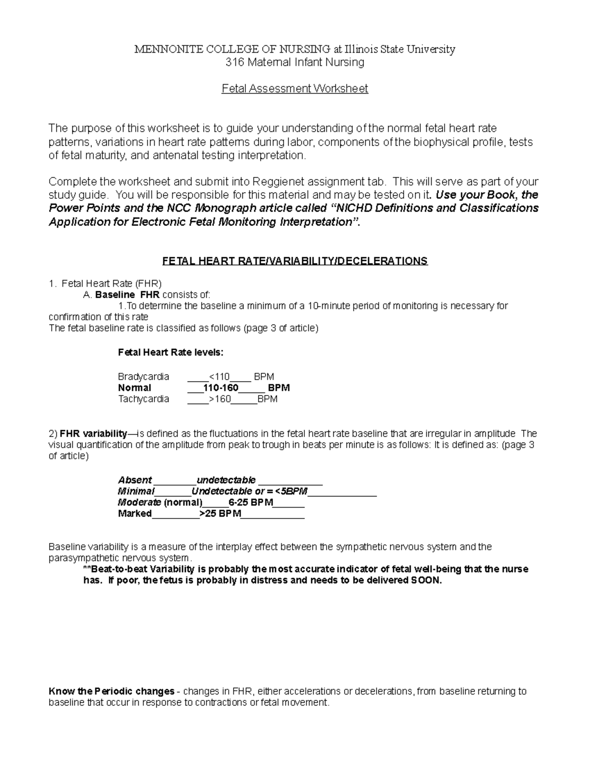 316 Maternal Infant Nursing: Fetal Assessment Worksheet Guide - Studocu