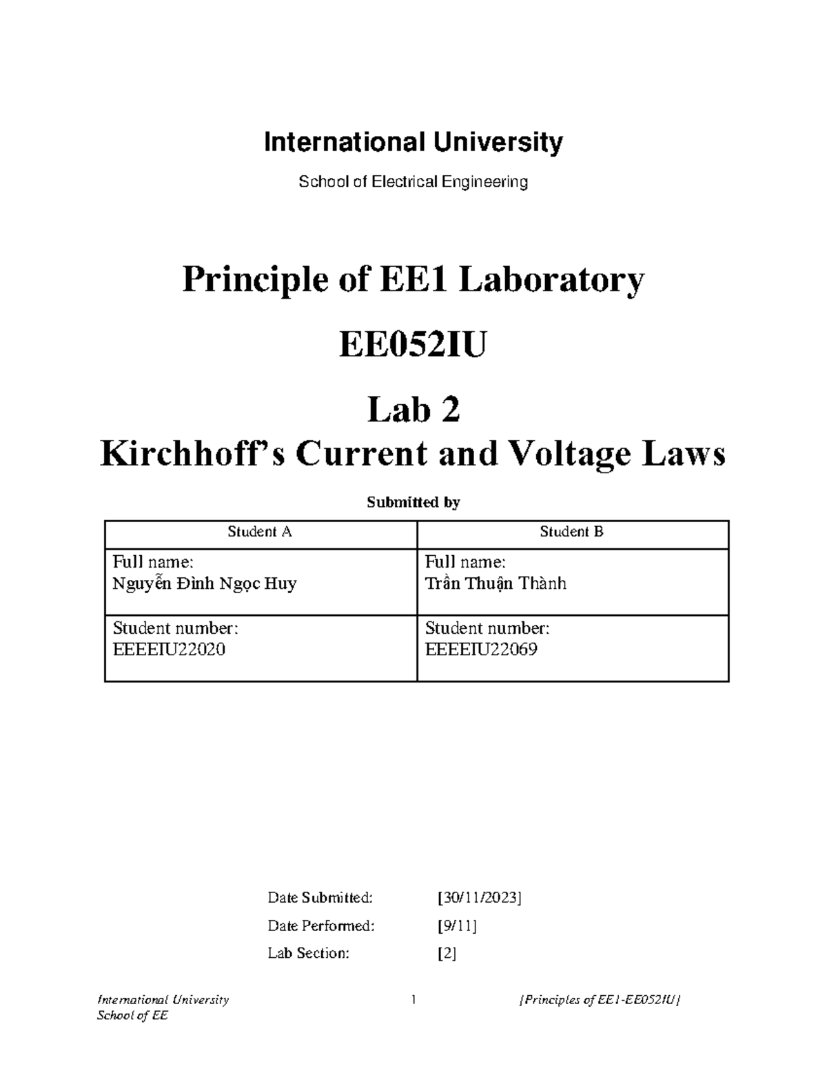 EE1 Lab 2 Report on Kirchhoff’s Laws - EE052IU - Studocu