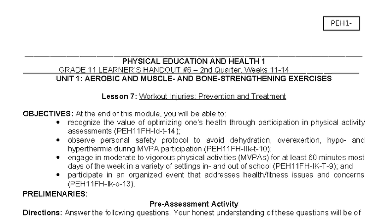 PEH1-11 Grade 11 Physical Education & Health: Workout Injuries Lesson ...