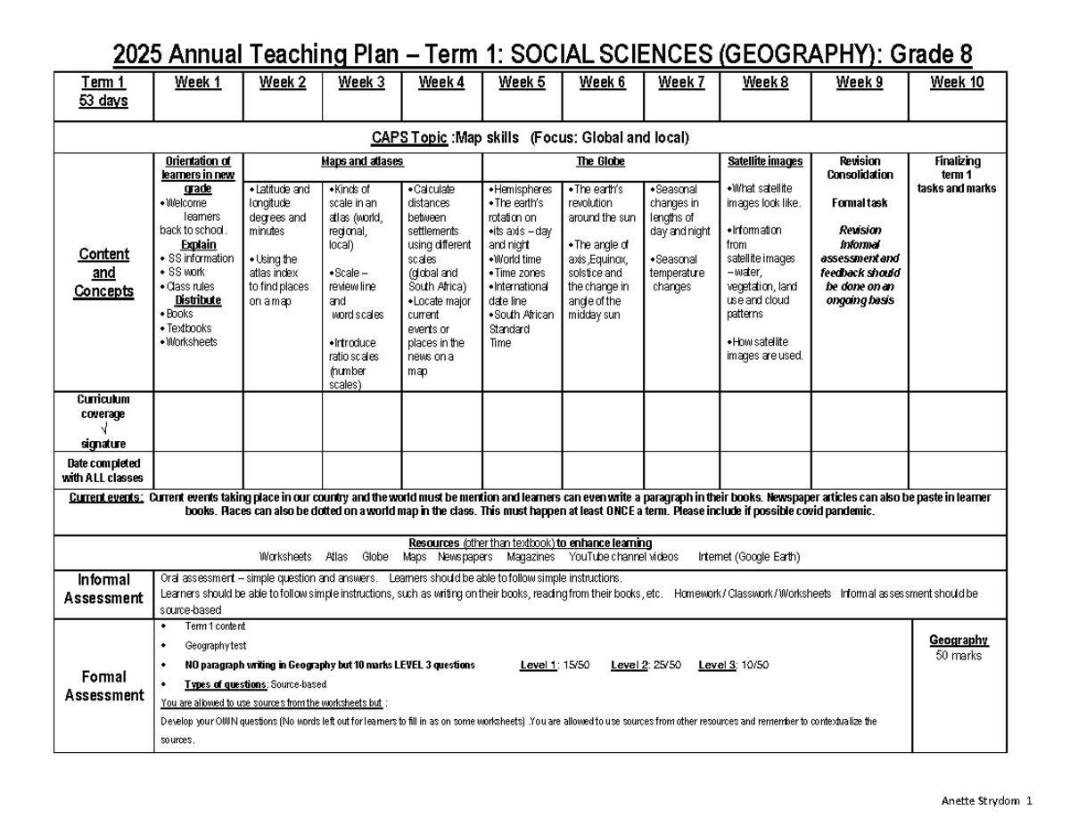 Grade 8 Geography Term 1 Planning Memo: Map Skills and Concepts - Studocu