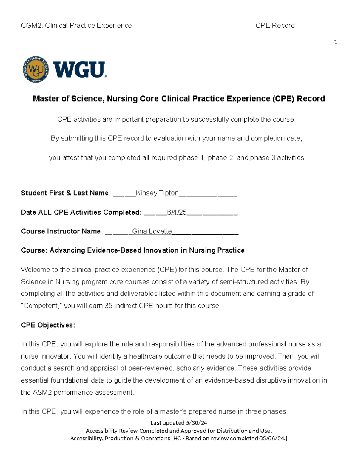 CGM2: CPE Record for Master of Science in Nursing Program - Studocu