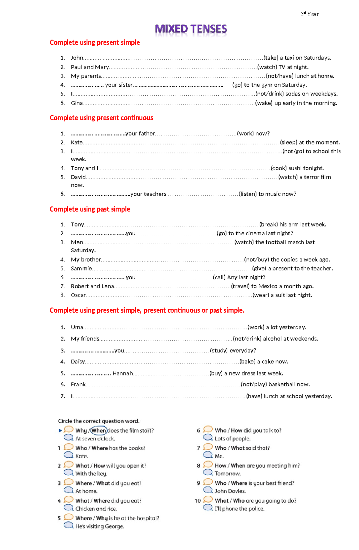 Revision of Tenses: Present Simple, Continuous & Past Simple Exercises ...
