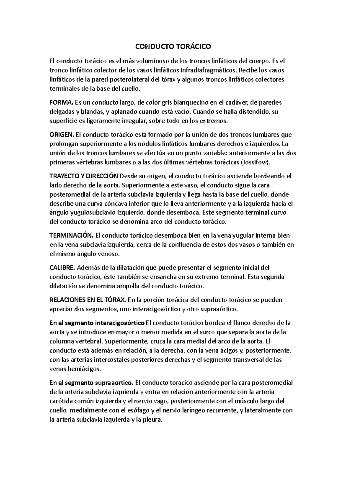 Conducto Torácico: Anatomía y Funciones del Sistema Linfático - Studocu