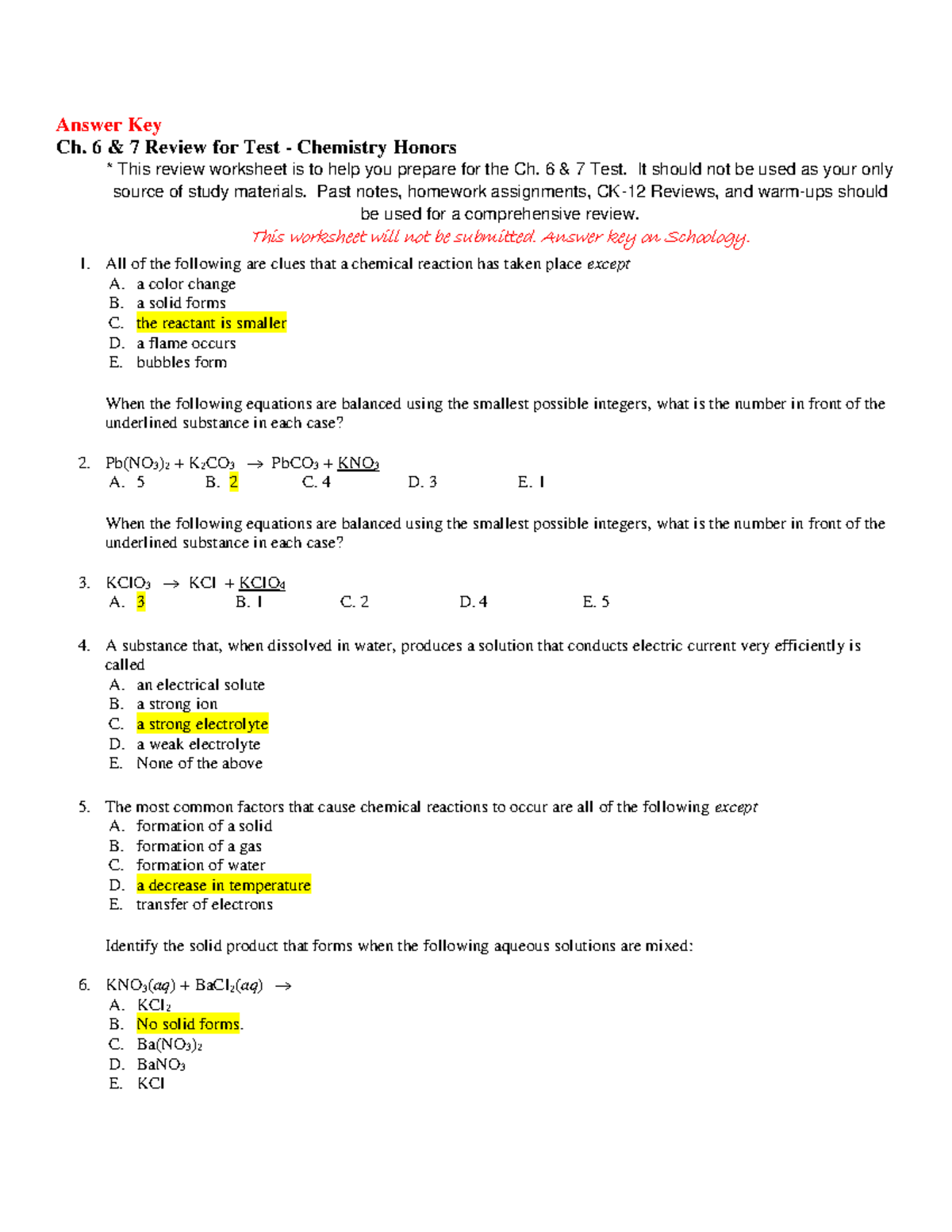 Ch. 6 & 7 Chemistry Honors Test Review Worksheet - Answer Key Ch. 6 & 7 ...