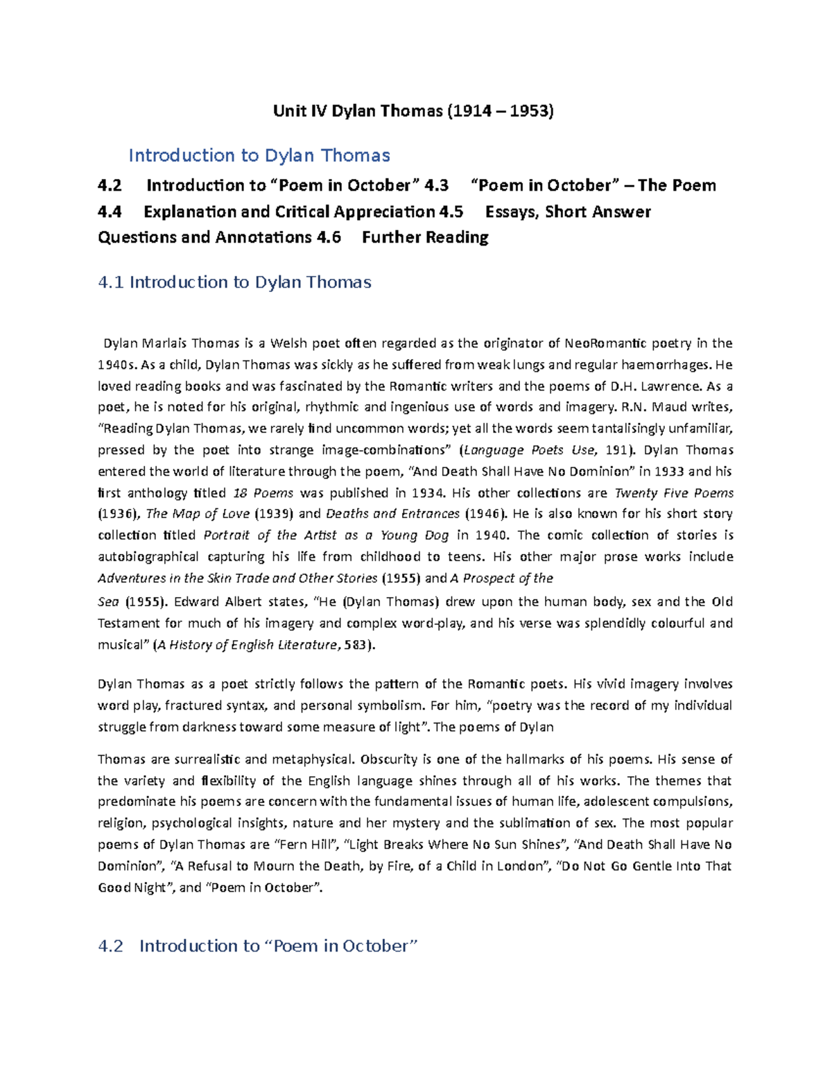 M1 Unit 4 Lecture Notes: Exploration of Dylan Thomas’ “Poem in October ...