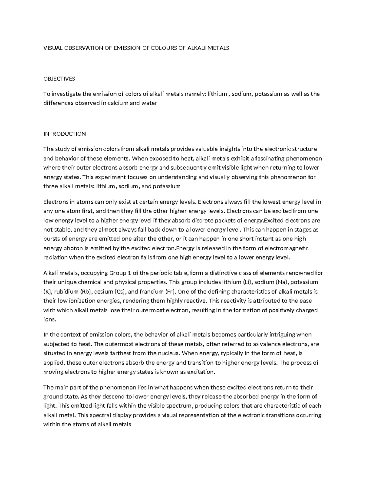 Visual Observation of Emission Colors of Alkali Metals (CHEM 101) - Studocu