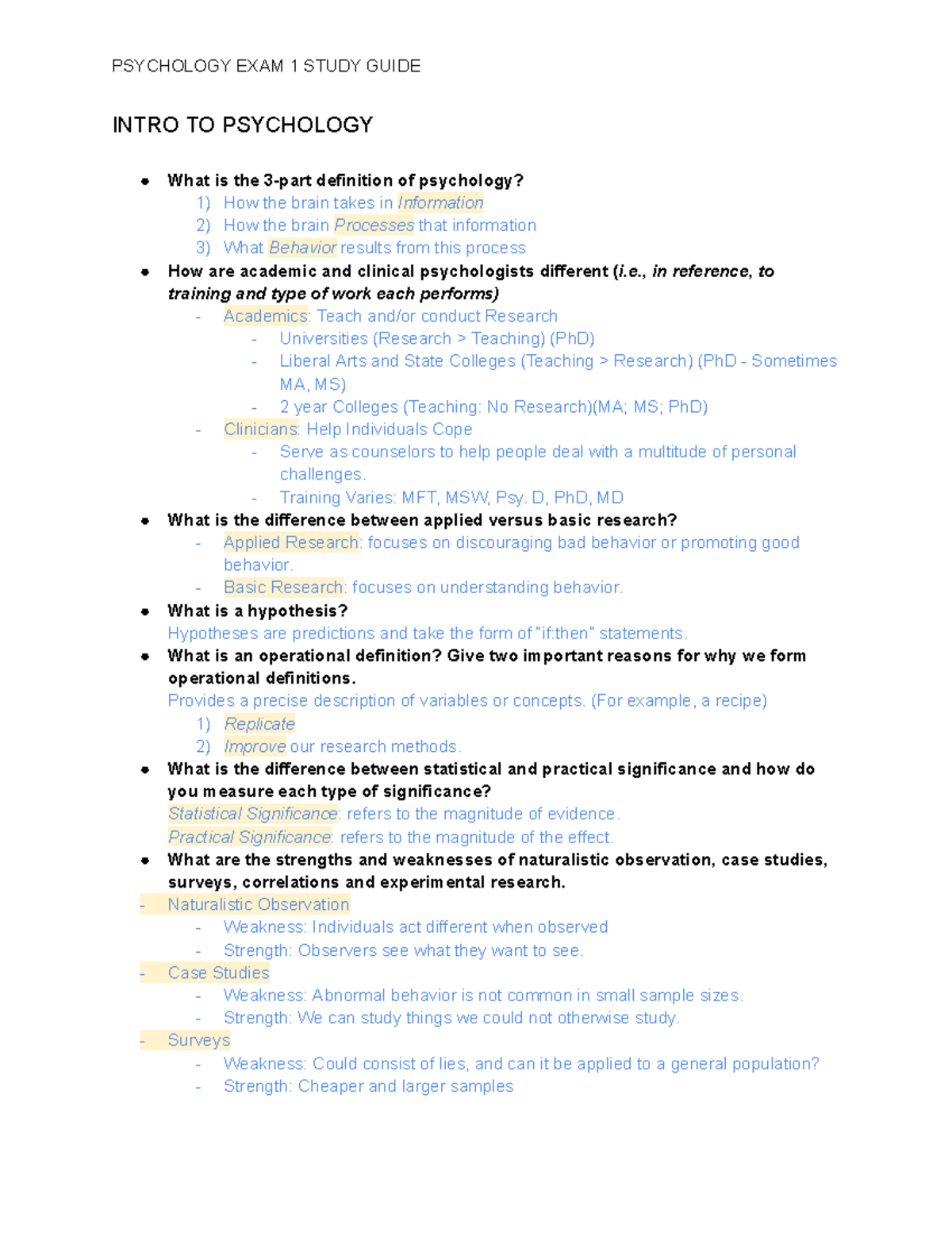 Psychology Exam 1 Study Guide: Key Concepts & Research Methods - INTRO ...