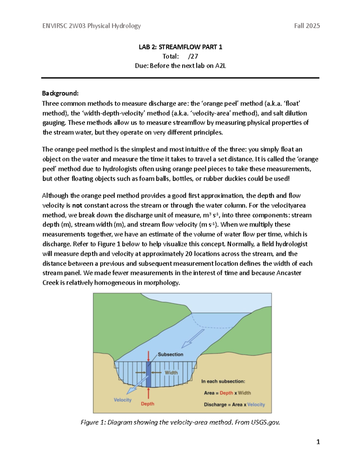ENVIRSC 2W03 Physical Hydrology Fall 2025 Lab 2: Streamflow Measurement ...