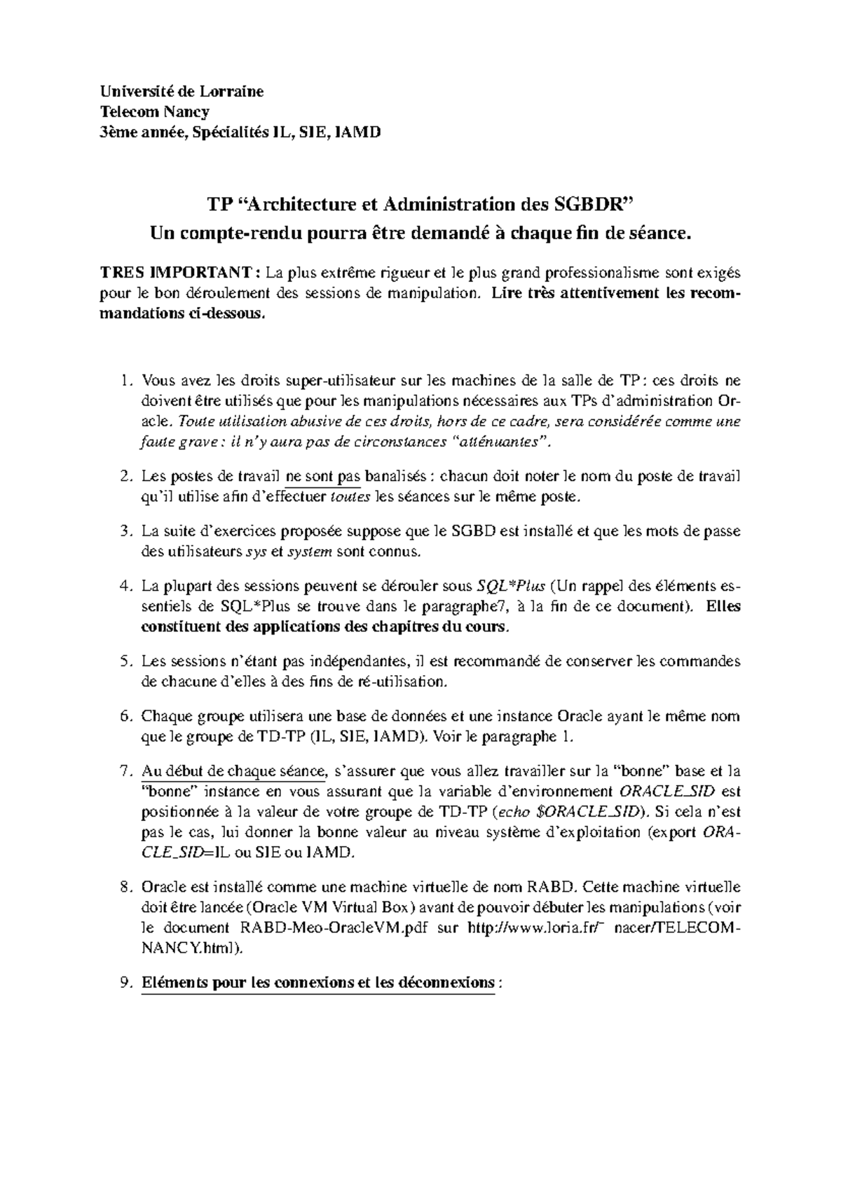 TP de Manipulation Oracle - IL, SIE, IAMD - Instructions et Rappels ...