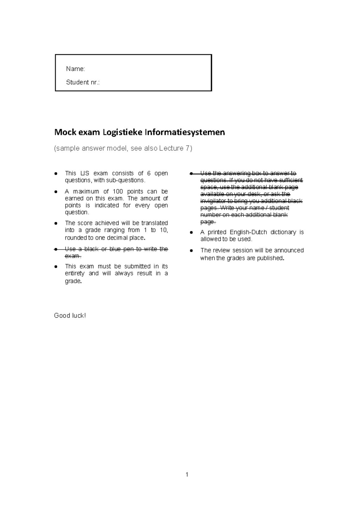 Mock Exam LIS (Logistieke Informatiesystemen) - Sample Answers ...