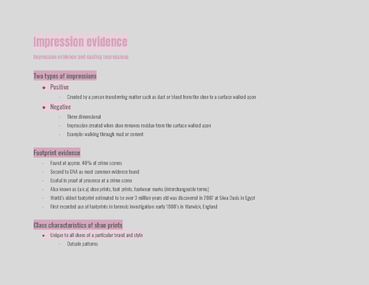 Impression Evidence: Types, Analysis, and Forensic Applications - Studocu